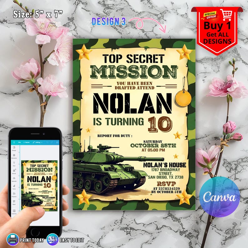 Military Birthday Invitation Army Party, Editable Template (5x7" PDF ...