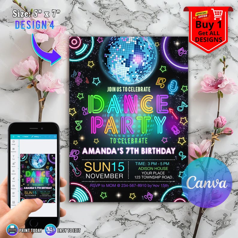 Editable Dance Party Birthday Invitation, Glow Dance Party Invites, Tie ...