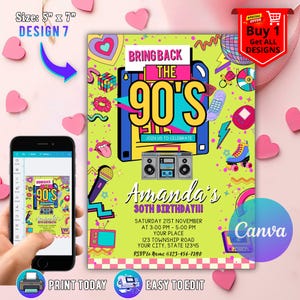 Editable 90s Birthday Party Invitation Back to the 90s Neon Retro ...