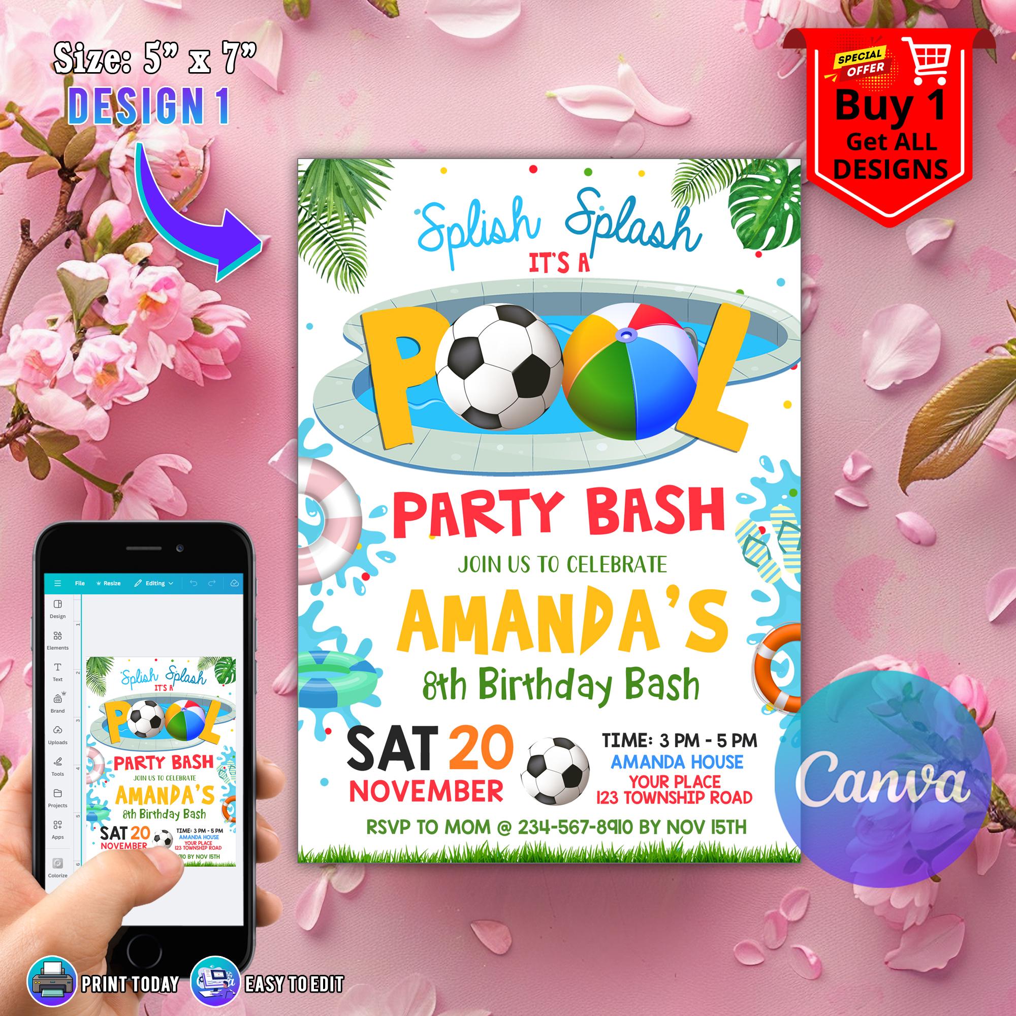 Editable Soccer Pool Party Invitation, Sports Summer Pool Party, Sports ...