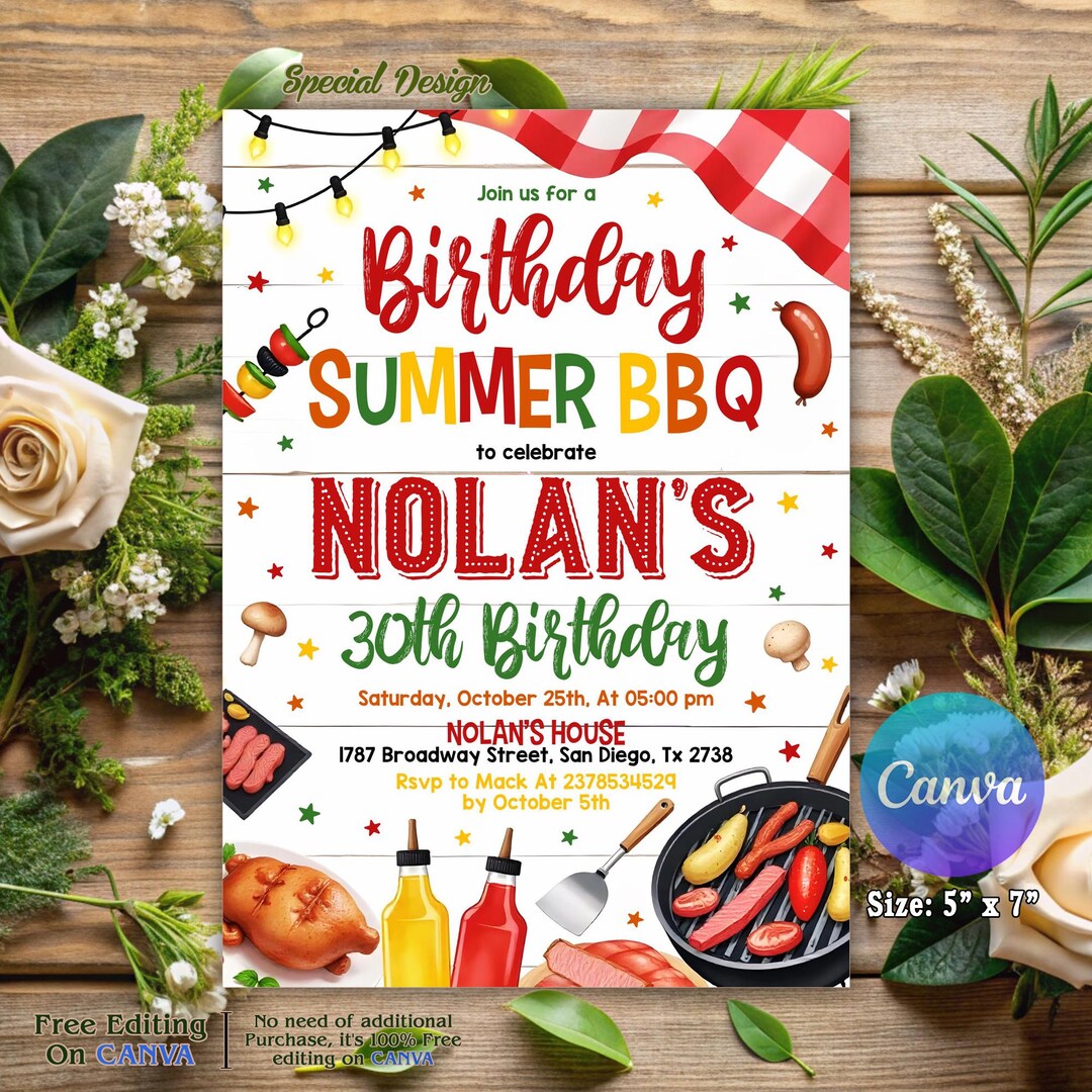Summer BBQ Party Flyer Editable Template, DIY Cookout Invitation ...