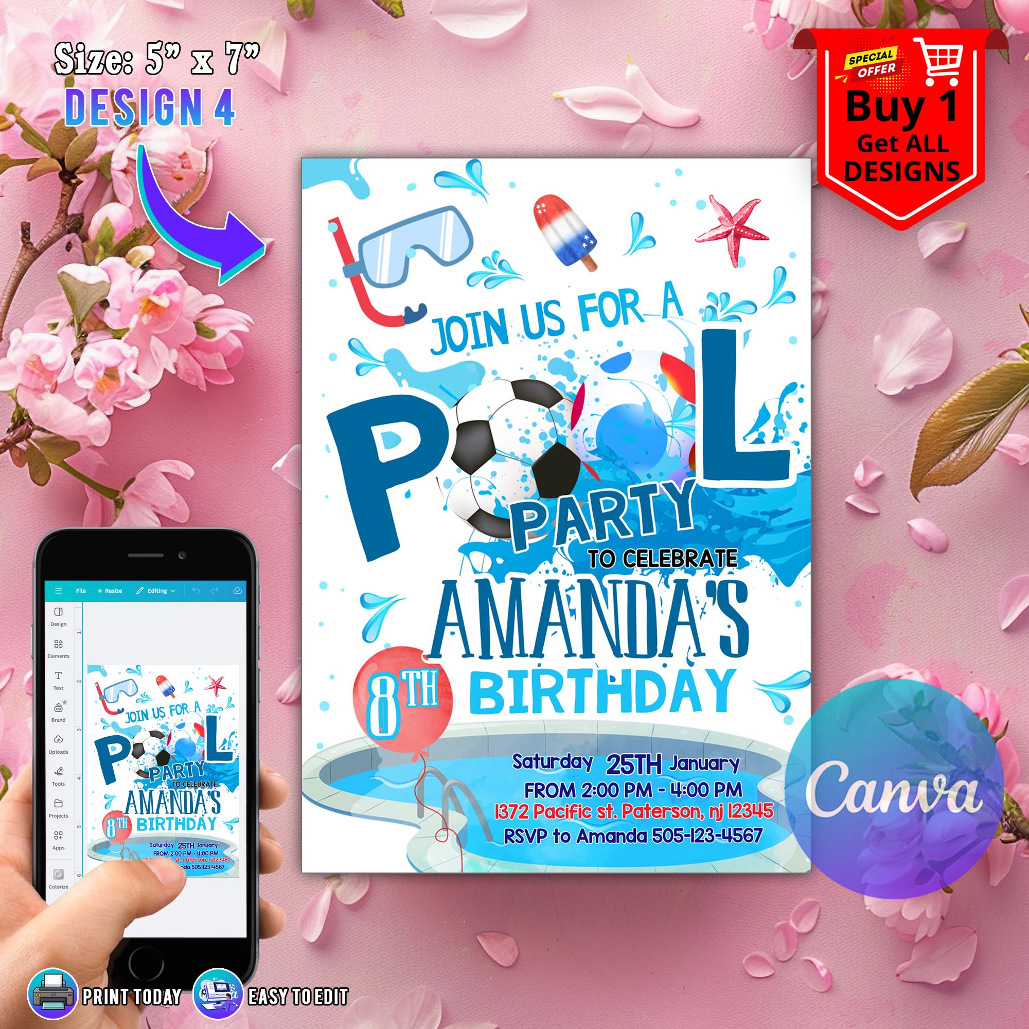 Editable Soccer Pool Party Invitation, Sports Summer Pool Party, Sports ...