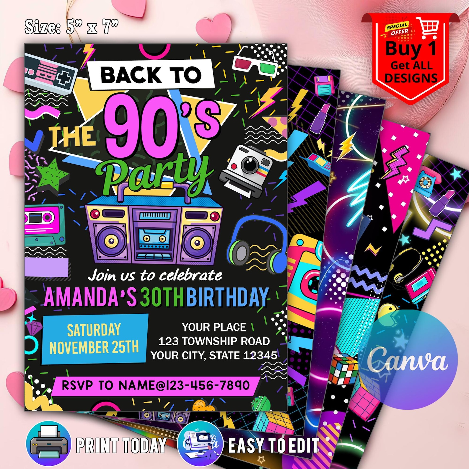 Editable 90s Birthday Party Invitation Back to the 90s Neon Retro ...