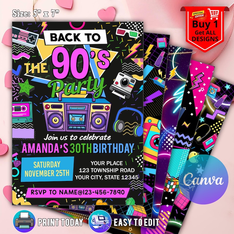 Editable 90s Birthday Party Invitation Back to the 90s Neon Retro ...