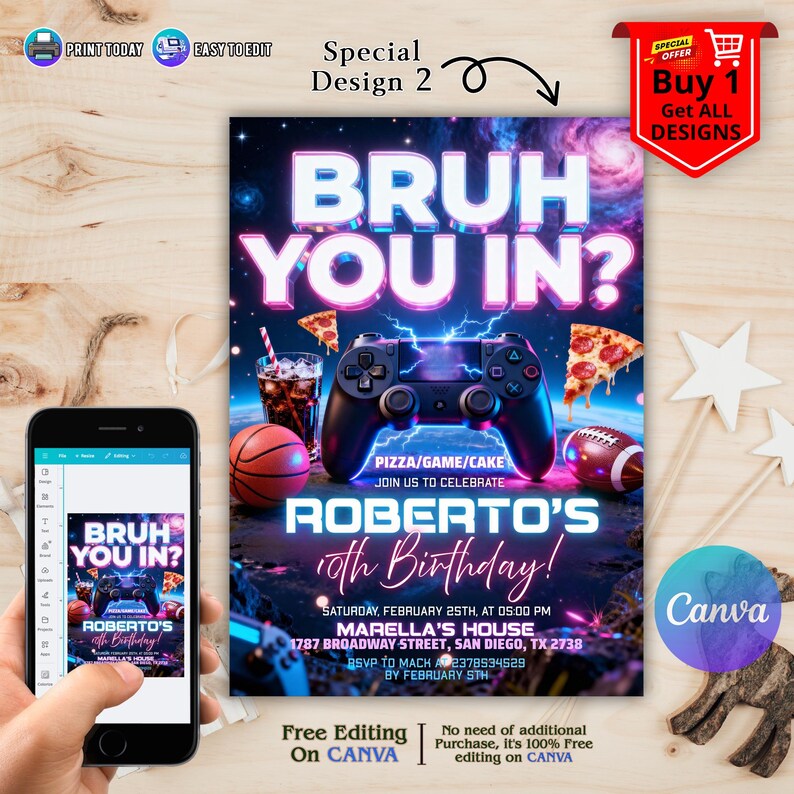 Editable Bruh Birthday Invitation, BRUH YOU IN? Neon Gamer Birthday ...