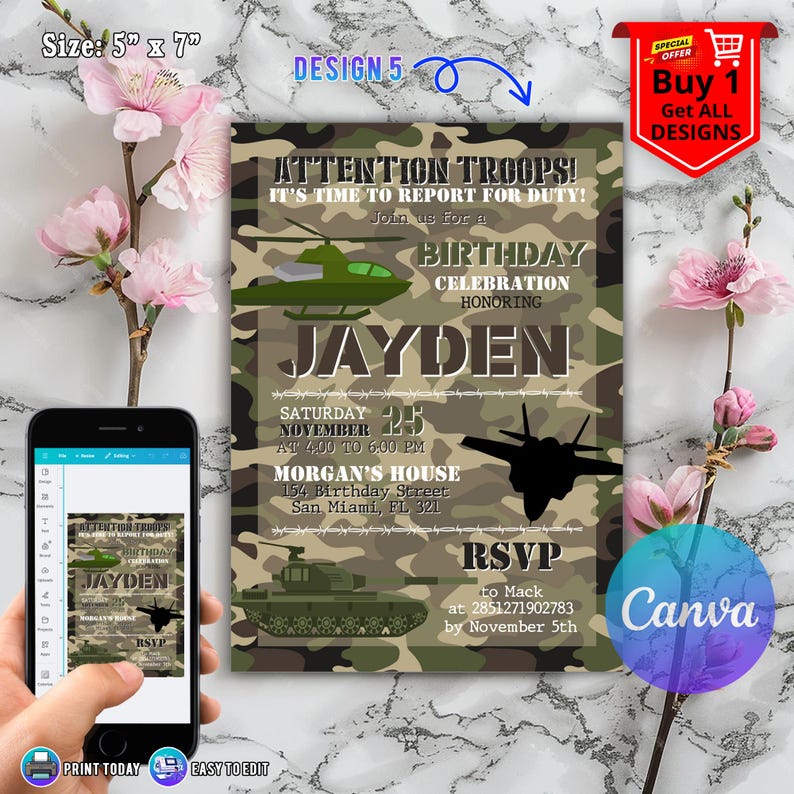 Editable Army Birthday Invitation, Military Party Invitation, Soldier ...