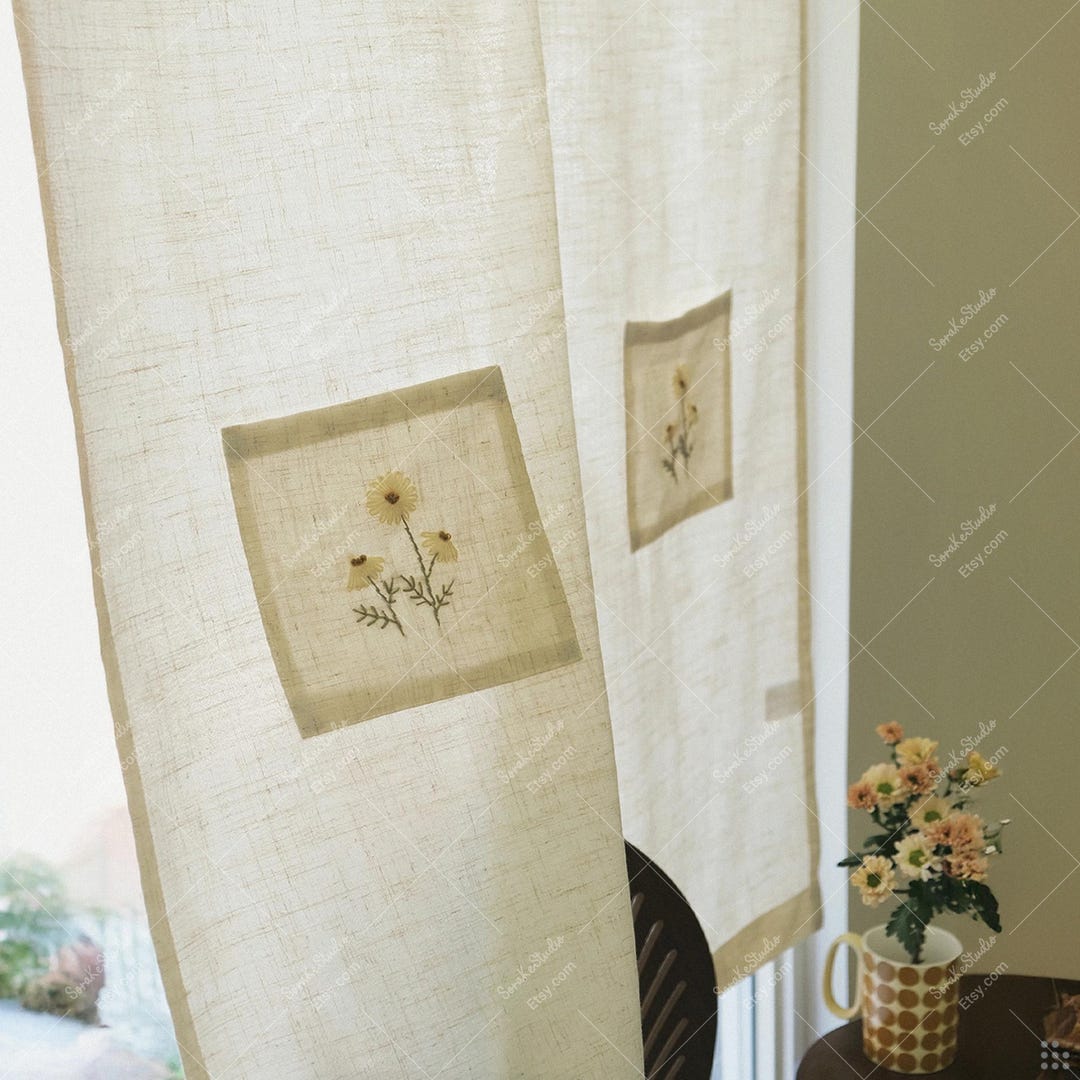 Linen Floral Embroidered Noren Curtain, Beige Split Doorway Panel ...