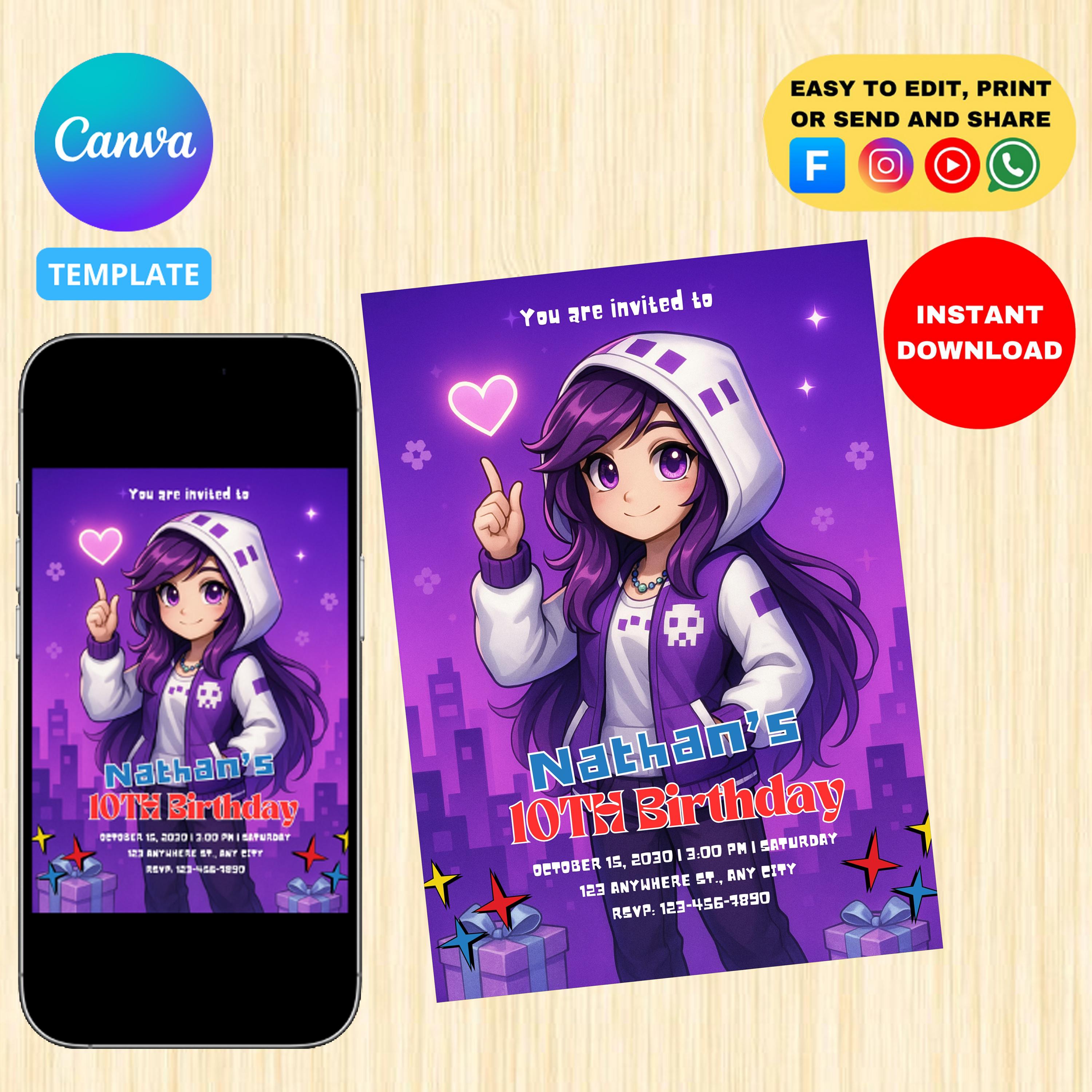 Aphmau Birthday Invitation| Printable Kids Invitation| Birthday Girl ...