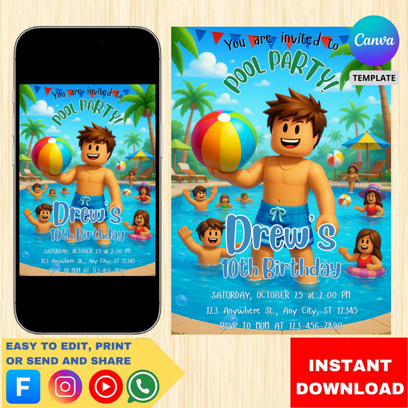 Editable Roblox Pool Party Invitation | Customizable Birthday Invite ...