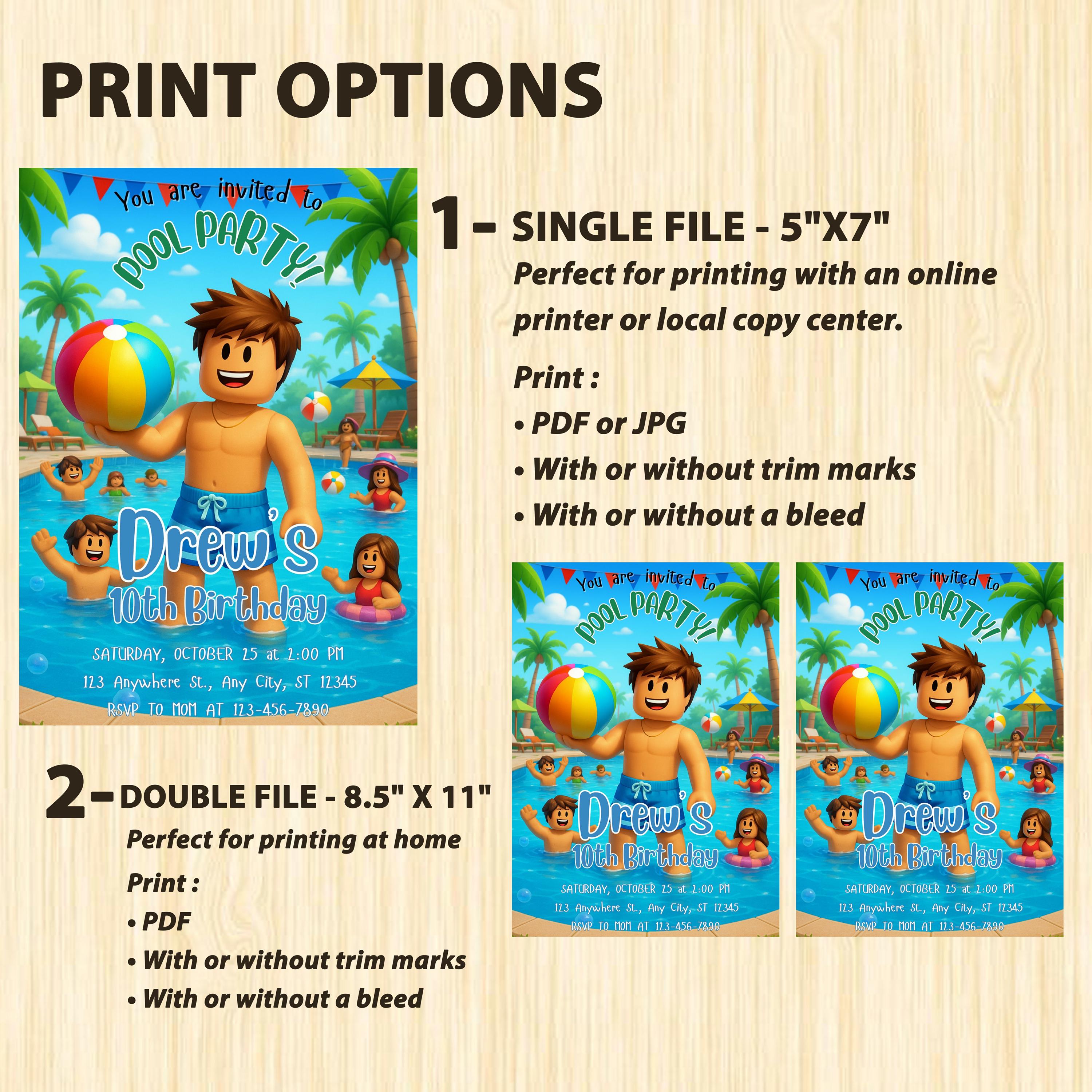 Editable Roblox Pool Party Invitation | Customizable Birthday Invite ...