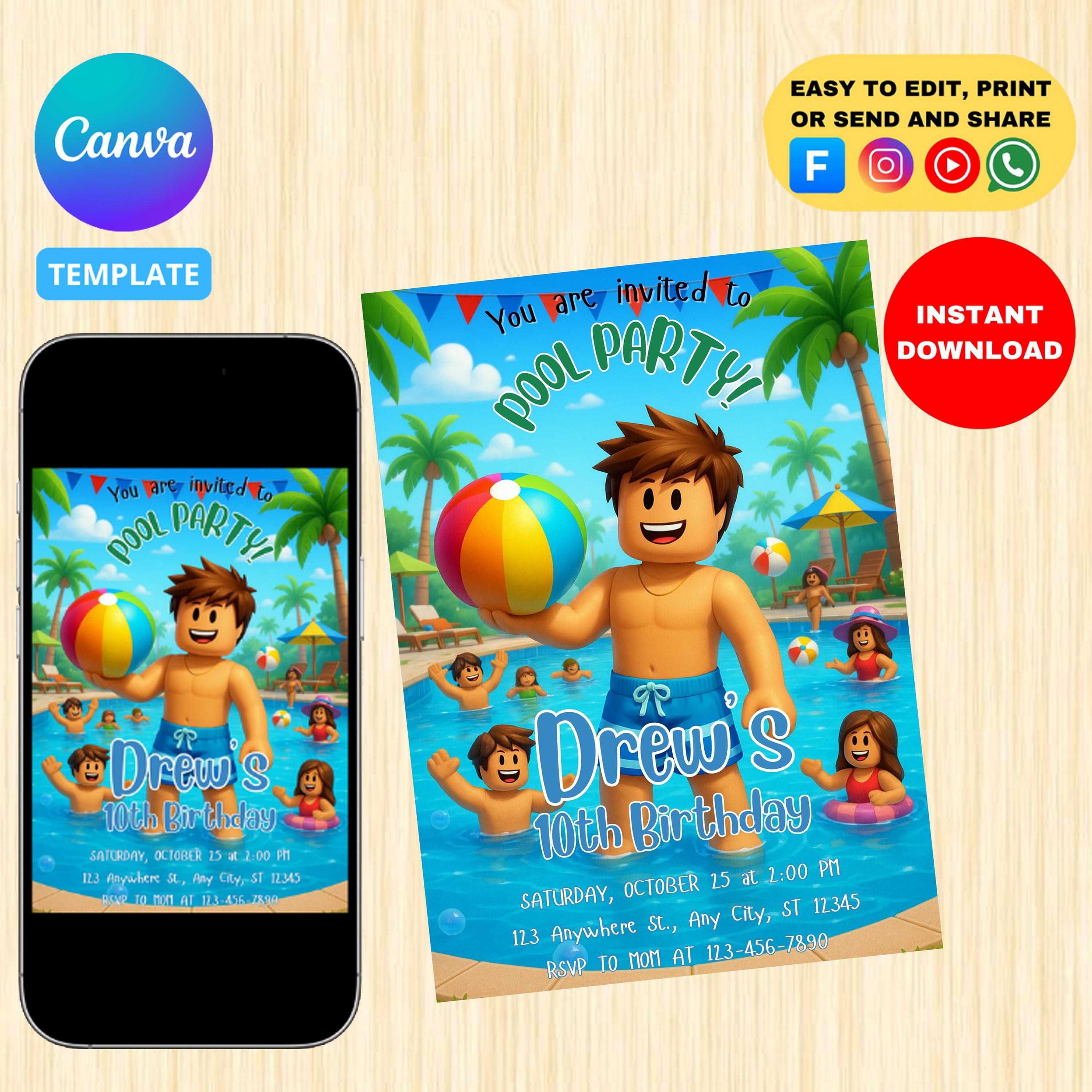 Editable Roblox Pool Party Invitation | Customizable Birthday Invite ...