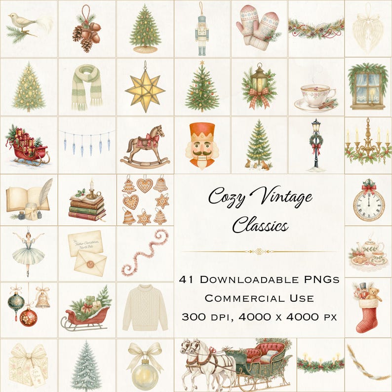 Cozy Vintage Christmas PNG Clipart Bundle - Classic Watercolor Graphics ...