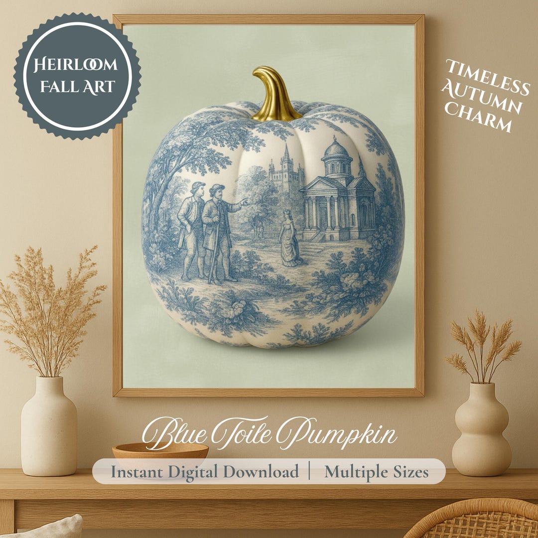 Blue Toile Pumpkin Art Print Set | Vintage Fall Decor Digital Download ...