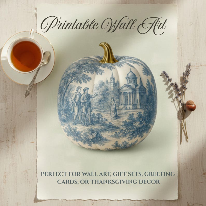 Blue Toile Pumpkin Art Print Set | Vintage Fall Decor Digital Download ...