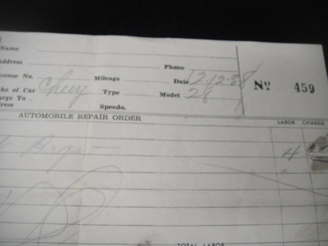Receipt From Mechanic for 1928 Chevrolet Bearings Dated 1938 - Etsy