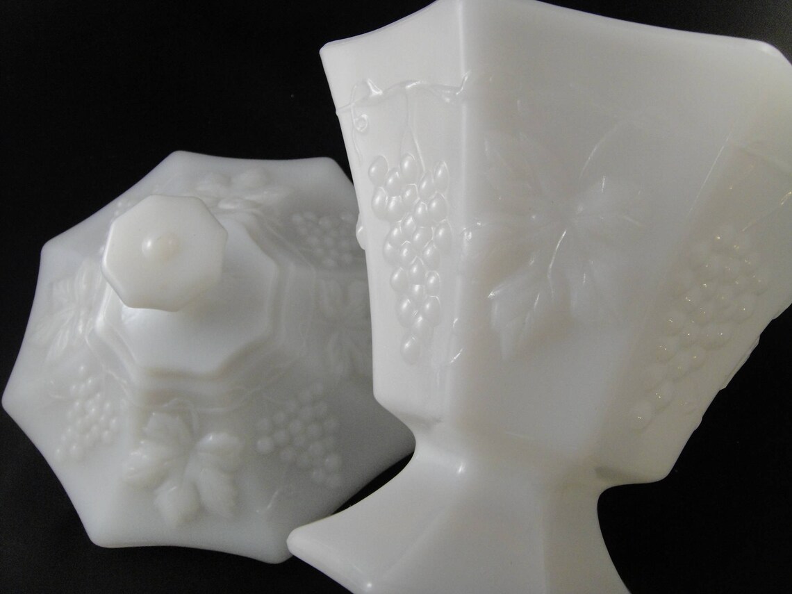 Milk Glass Footed Covered Compote Grape Vine Pattern | Etsy