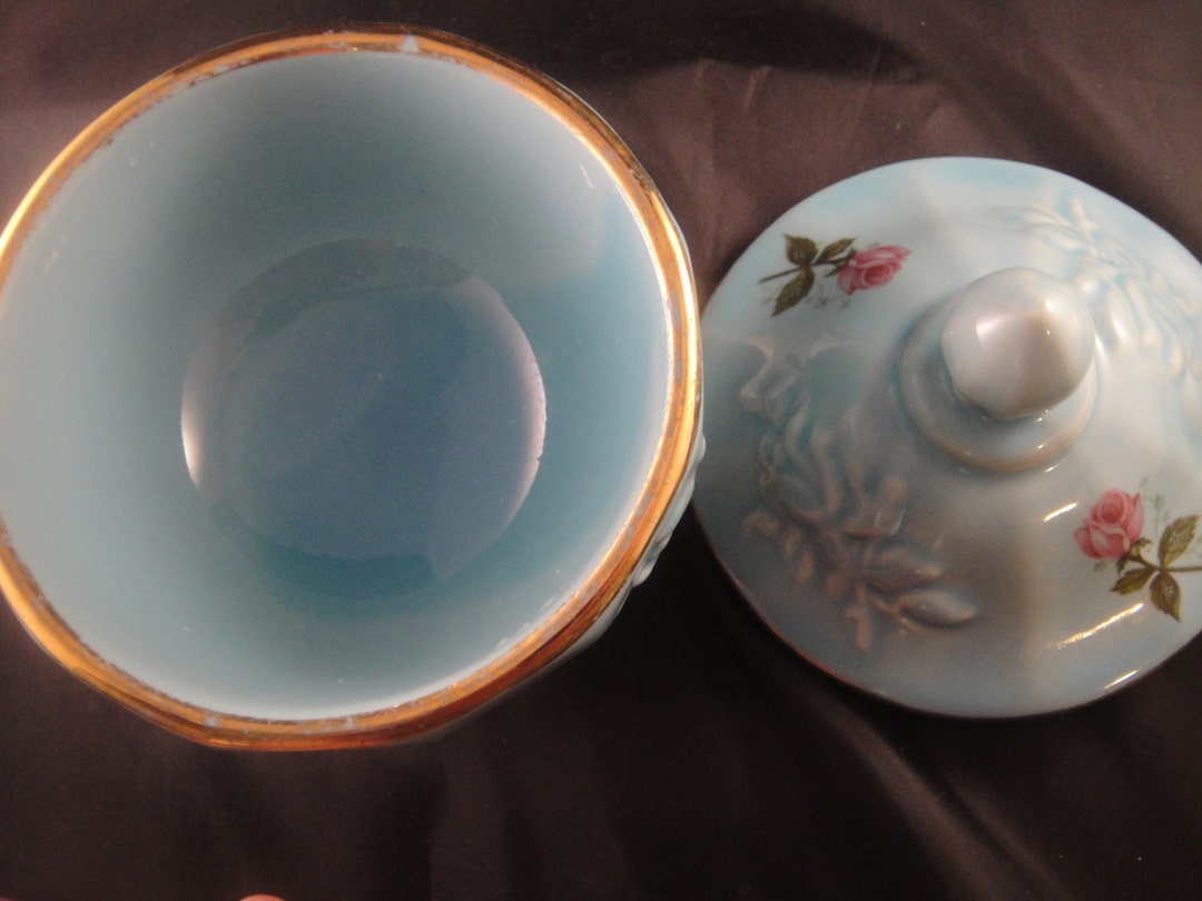 House of Fuller Blue Covered Dish With Raised Rose and Decal Design - Etsy