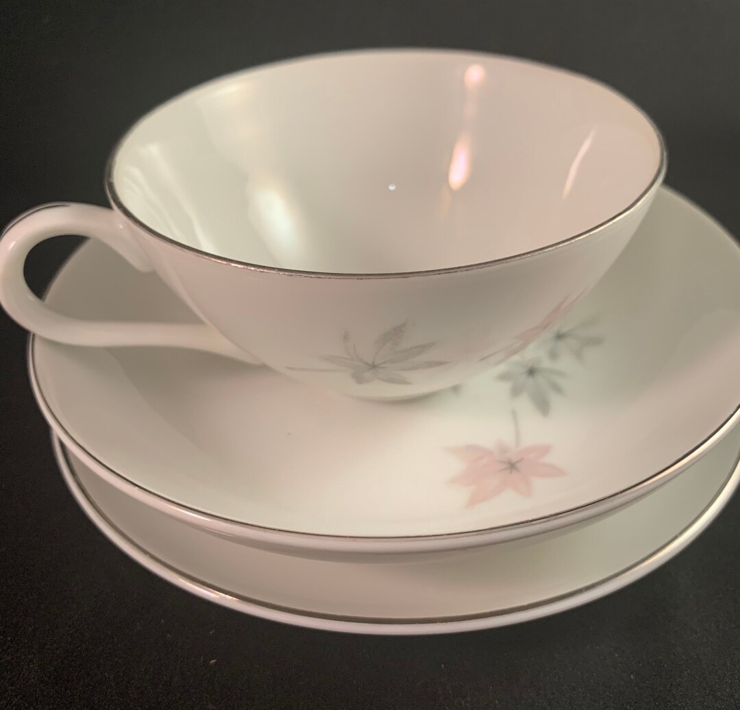 Mitake China From Japan Cup and Saucer and Berry Bowl Pink Gray Leaf ...