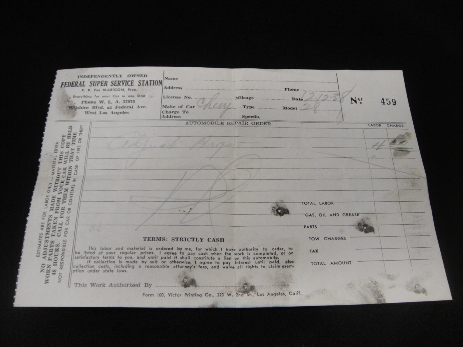 Receipt From Mechanic for 1928 Chevrolet Bearings Dated 1938 - Etsy