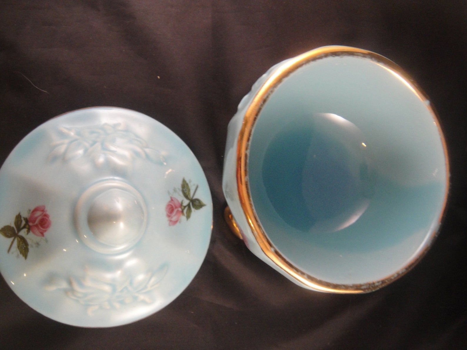 House of Fuller Blue Covered Dish With Raised Rose and Decal | Etsy