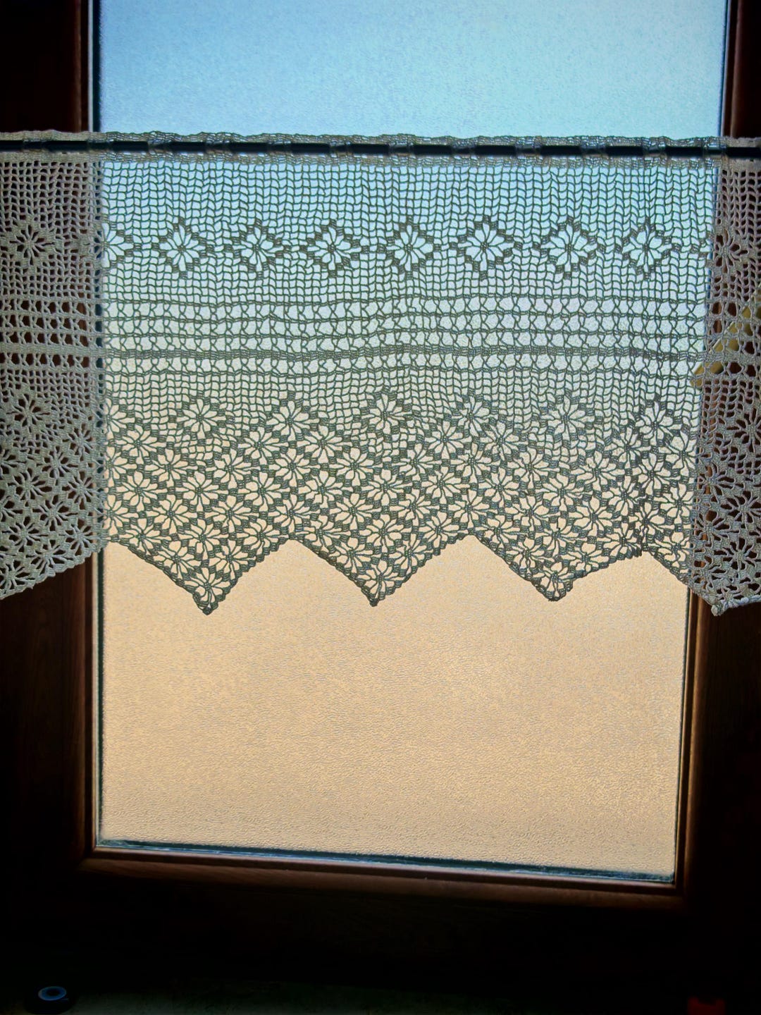 Vintage 1980s Crochet Lace Curtain – Handmade White Valance – Floral ...