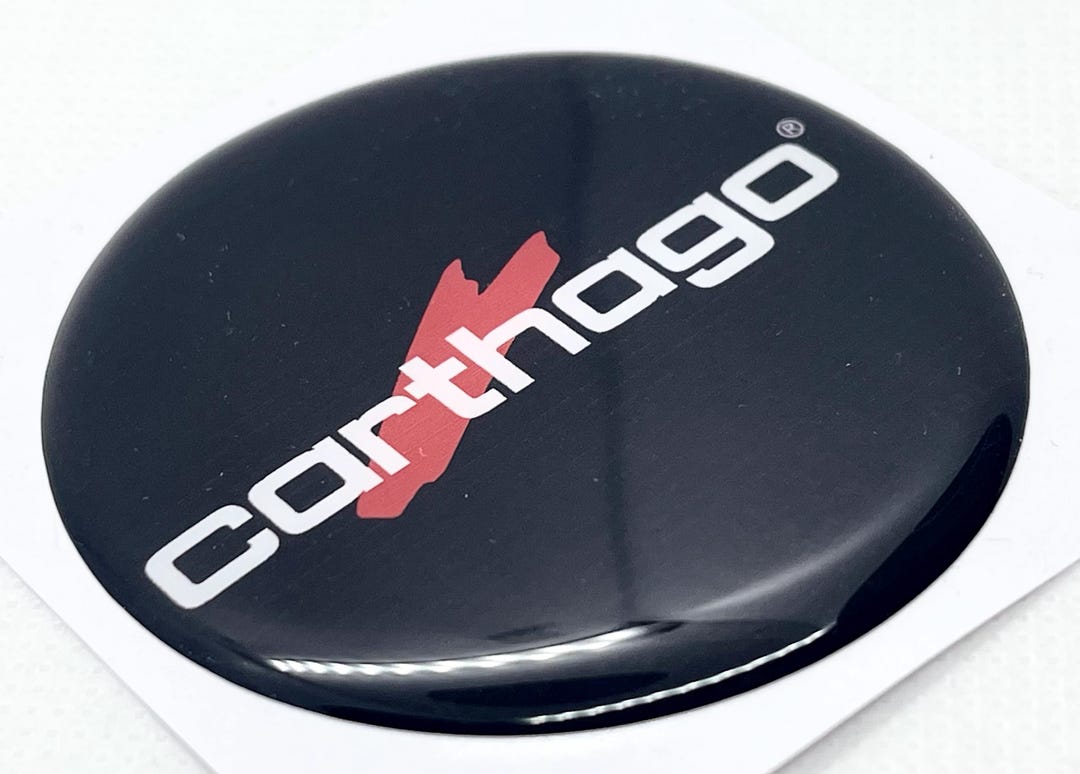 3D koepelvormige gelstickers Carthago-logo | Ronde zwart-witte stickers ...