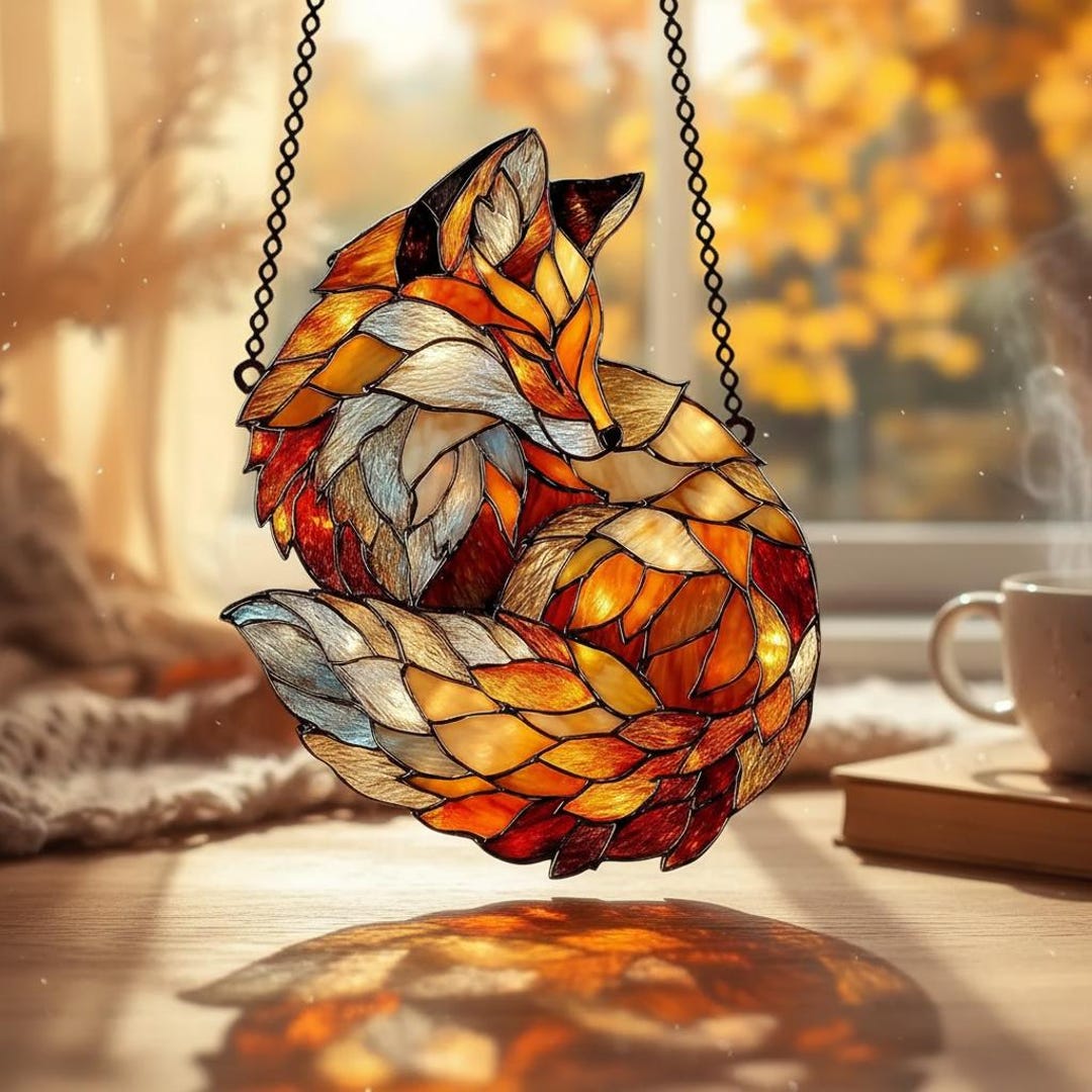 Handmade Resin Fox Suncatcher, Rustic Autumn Window Panel, Whimsical ...