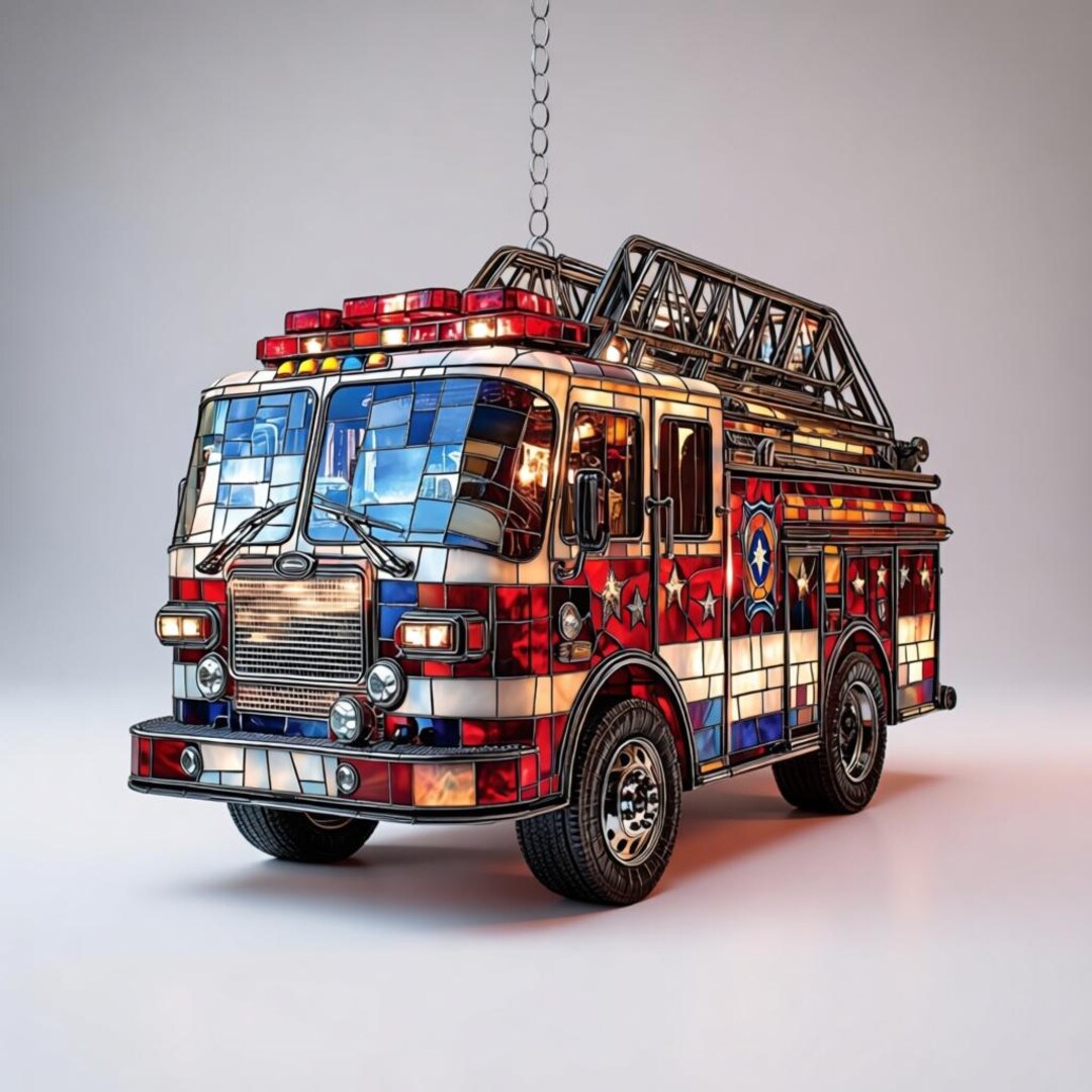 Fire Truck Suncatcher Faux Stained Glass Window Hanging, Firefighter ...