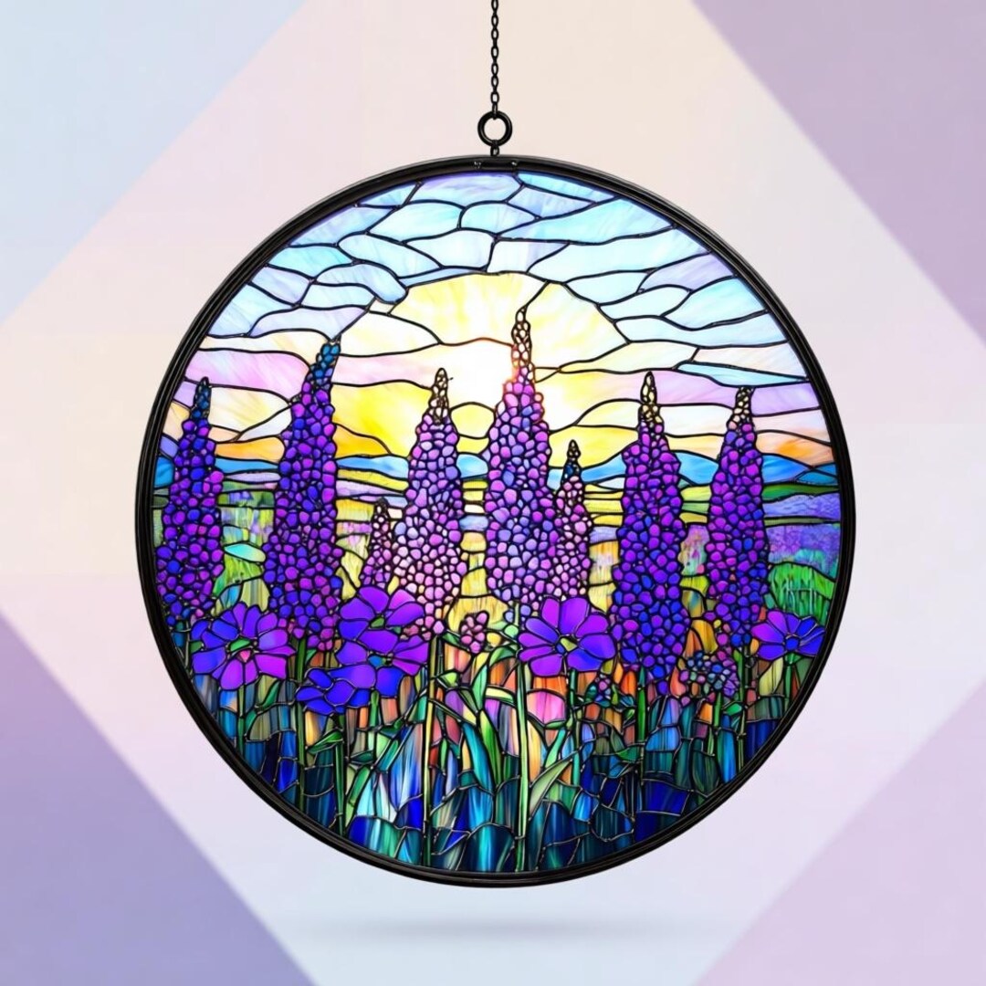 Large Circular Lupine Suncatcher, Acrylic Window Hanging, Faux Stained ...