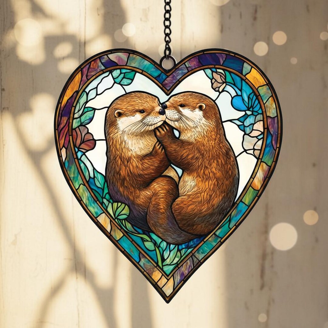 Adorable Otter Couple Resin Suncatcher, Heart Shaped Window Hanging ...