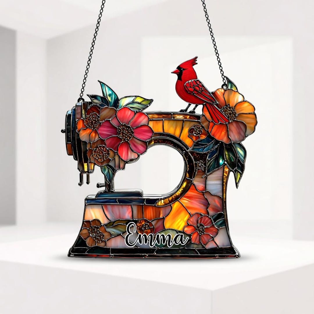 Custom Resin Sewing Machine Window Decor, Floral Cardinal Suncatcher ...