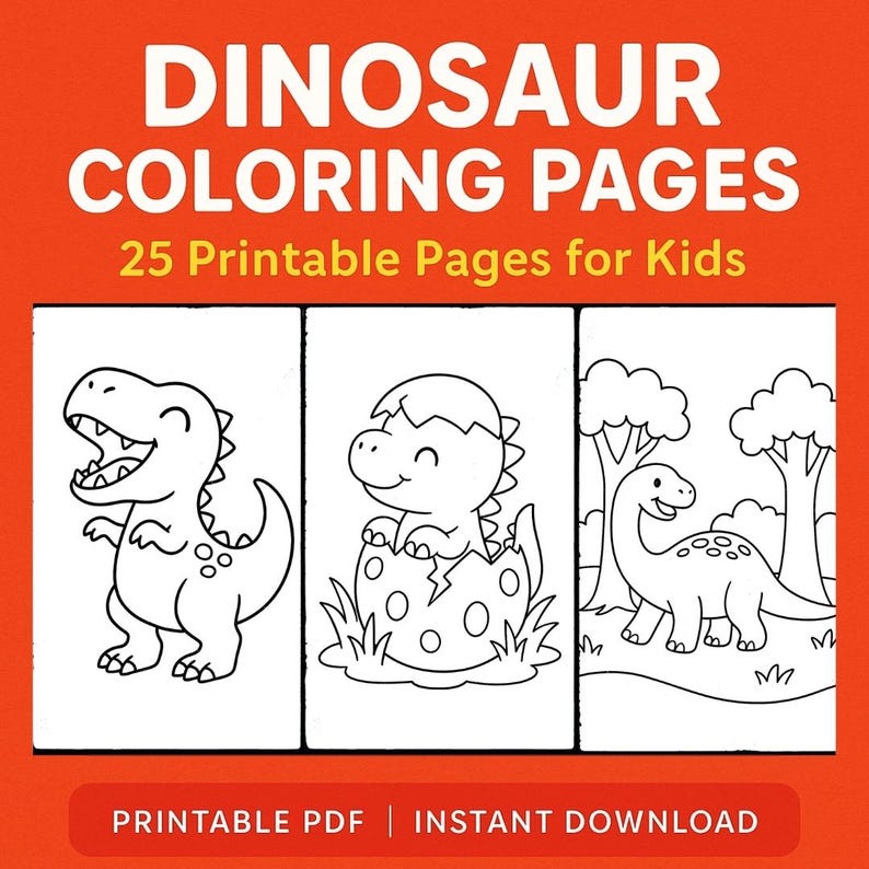 25 Dinosaur Coloring Pages for Kids – Printable PDF Instant Download - Etsy