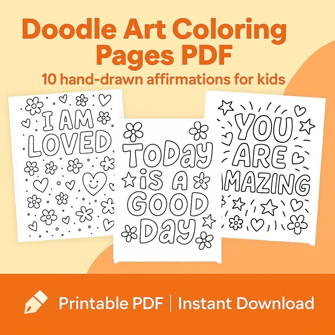 Doodle Art Coloring Pages PDF – 10 Hand‑drawn Affirmations for Kids ...