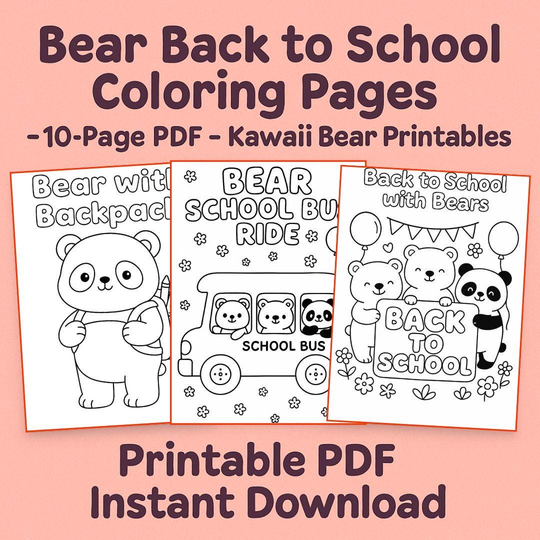 Bear Back to School Coloring Pages – 10-page PDF – Kawaii Bear ...