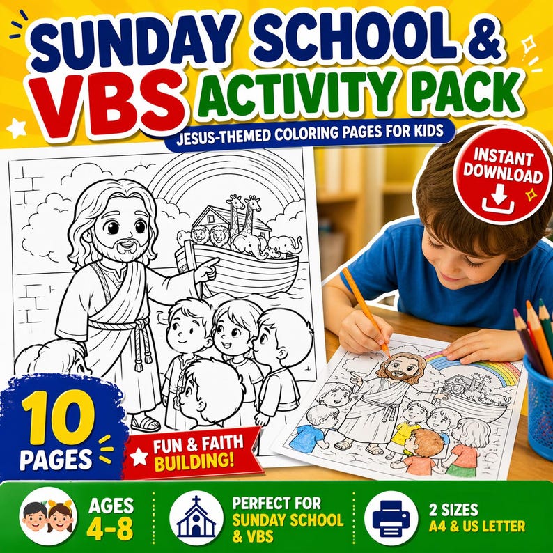 Christian Sunday School Activity Pack for Kids | 10 Printable Coloring ...