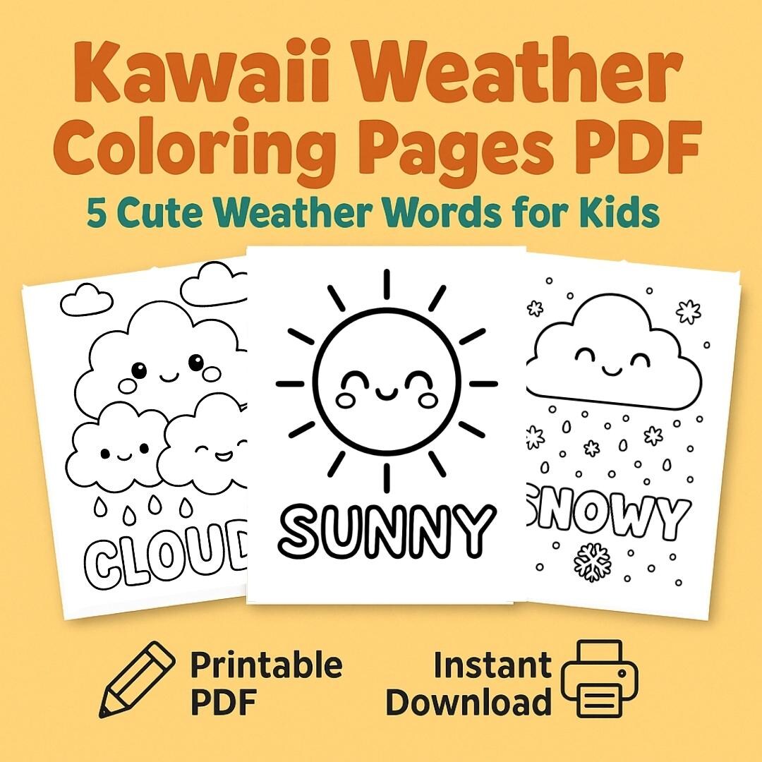 Kawaii Weather Coloring Pages PDF – 5 Cute Weather Words for Kids ...