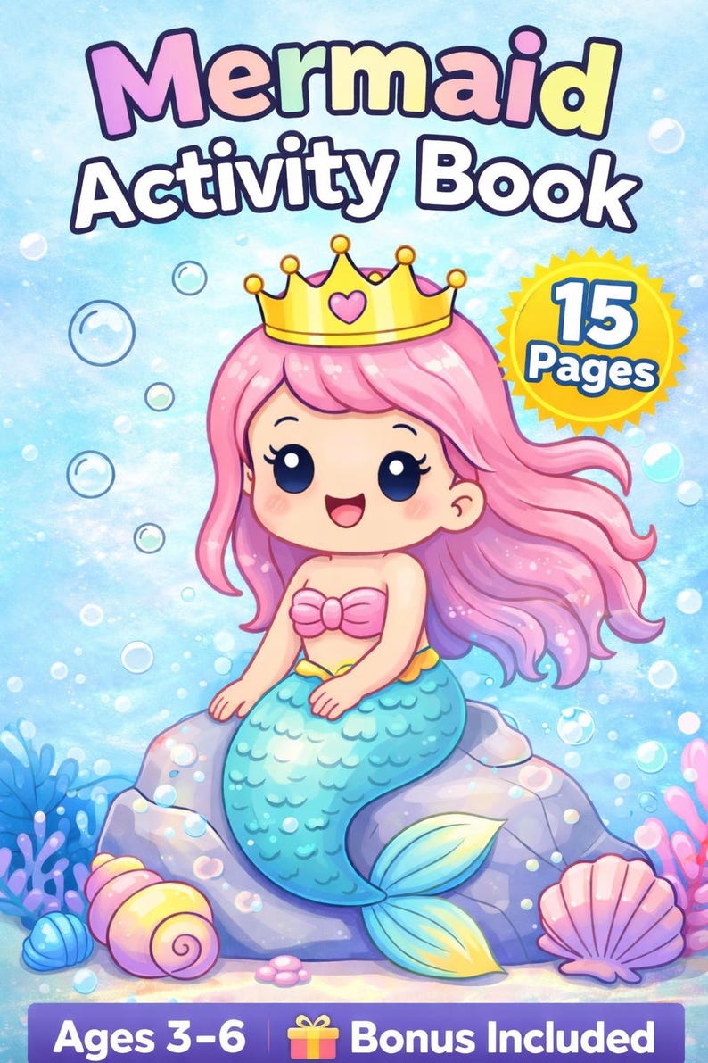 Mermaid Activity Book for Kids , Printable Coloring Pages Bundle, Ocean ...