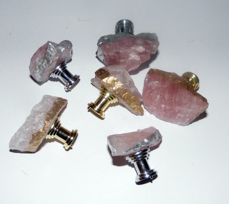 Rose Quartz Gemstone Drawer Pull Knobs Pulls Custom 18k Gold Silver Copper Leaf Edge Cut Raw ...