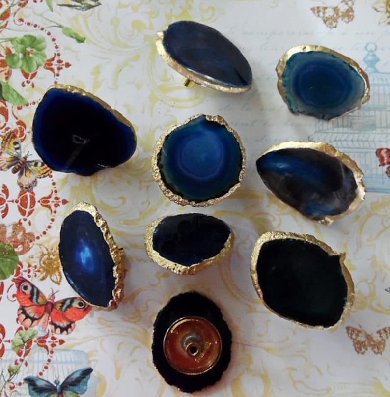 Small Custom Blue Agate Slice Drawer Pulls Knobs 18K Gold Edge - Etsy