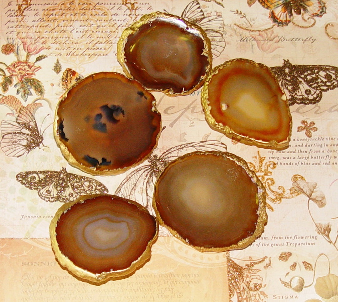 18K Gold Edge Custom Brown Natural Agate Slice Drawer Pulls Knobs - Etsy