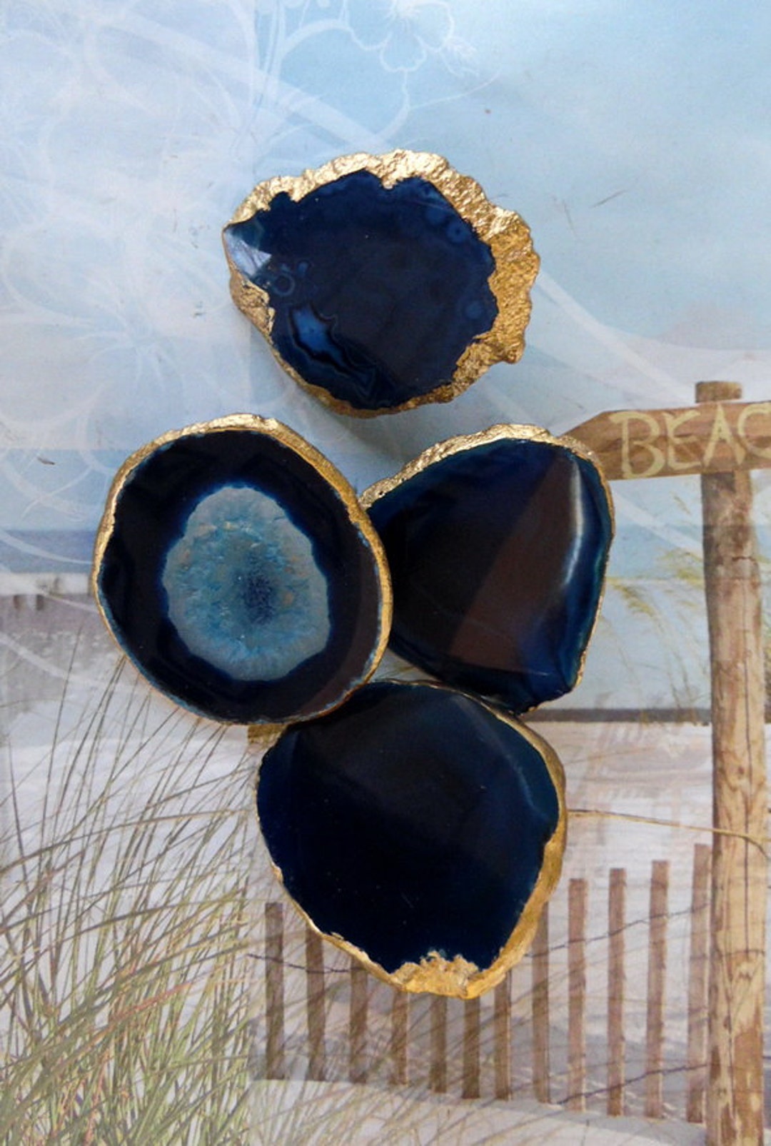 Large Blue Agate Slice Drawer Pulls Knobs Cabinet Handle 18K Gold Edge ...