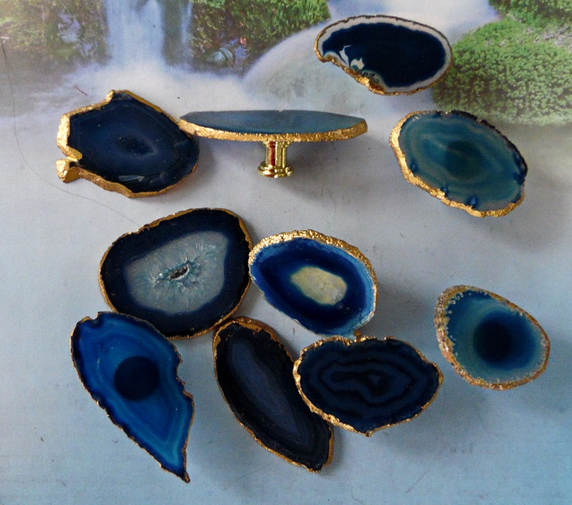 Small Custom Blue Agate Slice Drawer Pulls Knobs 18K Gold Edge | Etsy