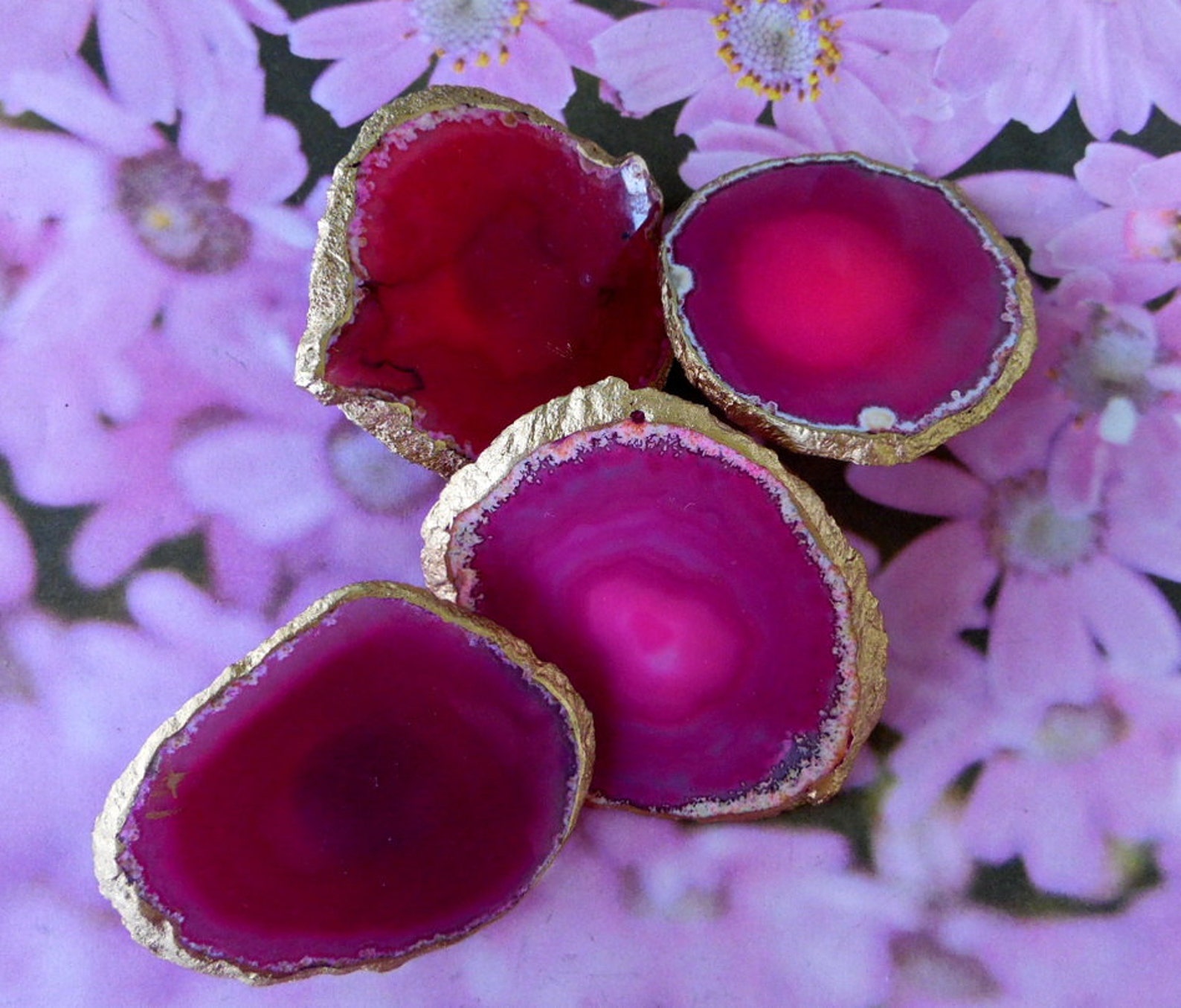 Large 18K Gold Edge Custom Hot Pink Agate Slice Drawer Pulls | Etsy