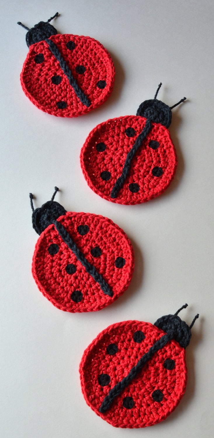 Ladybug Coasters, Set of 4 or 6, Crochet Ladybug Mug Rugs, Housewarming ...