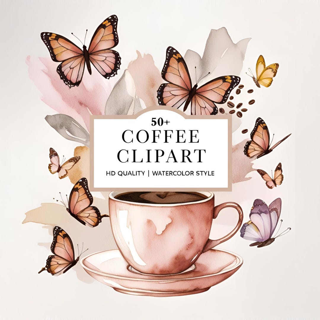 Coffee Cup Butterfly Clipart Bundle Set - Watercolor Coffee Cups and ...