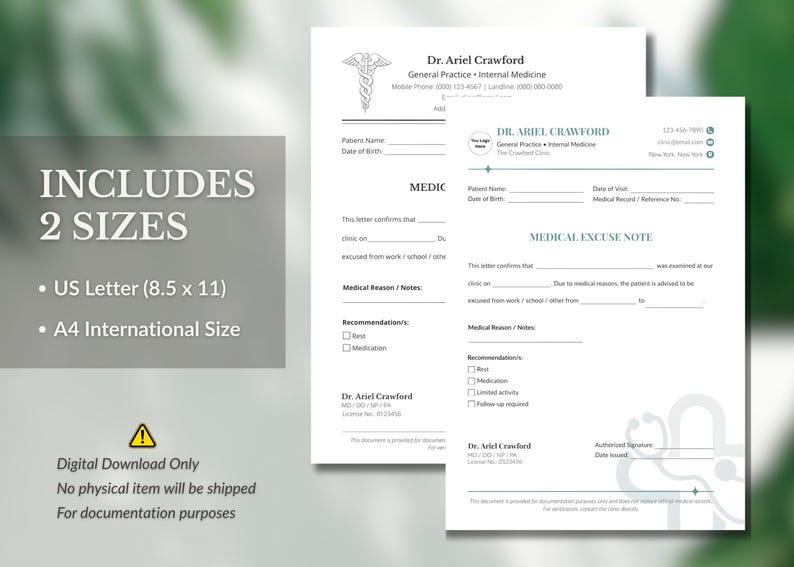 Editable Template Doctor Note for Work: Absence Form, Instant Download ...