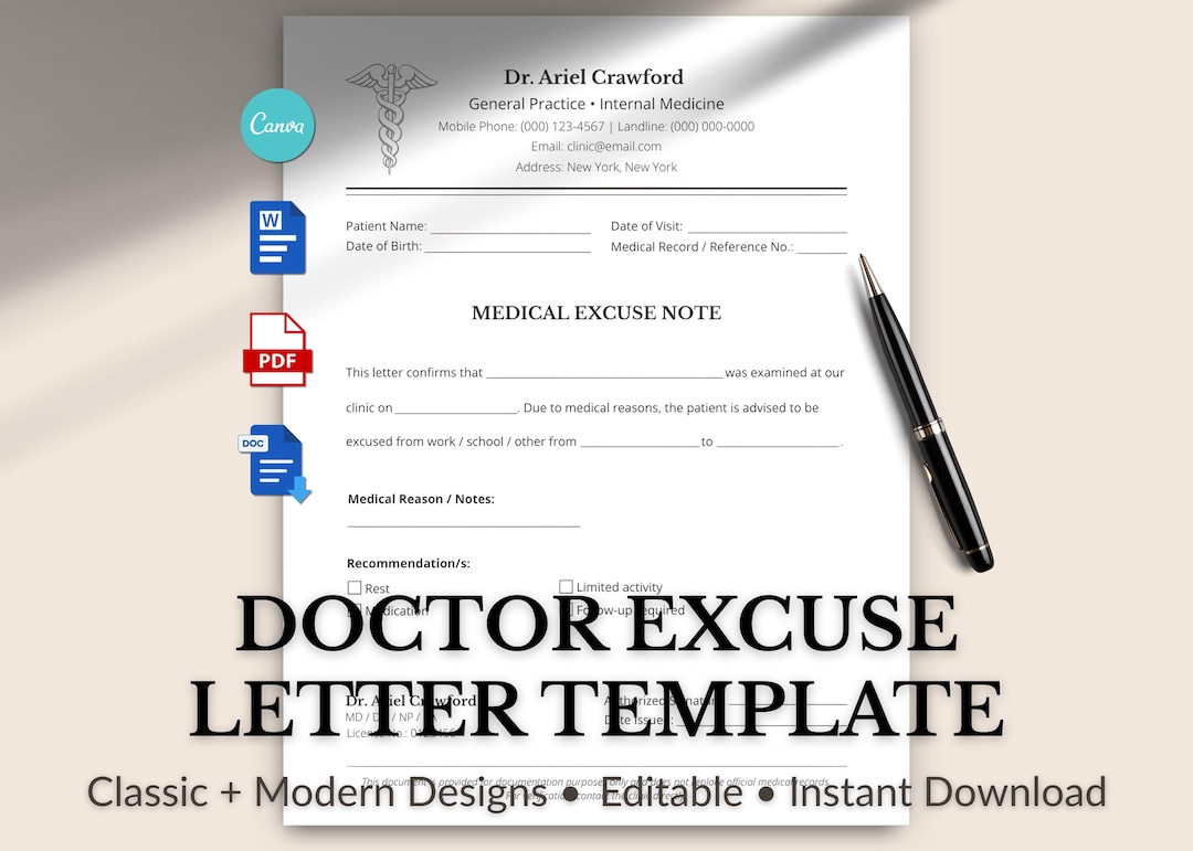 Editable Doctor Excuse Template | Absence Form, Word, Google Doc, PDF ...