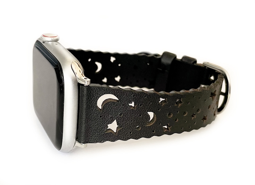 STAR GAZER Black Leather Moon and Stars Laser Cut Watch Band, Women ...
