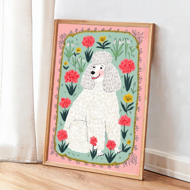 Floral Poodle Wall Art Set of 12 | Vintage Style Dog Illustration ...
