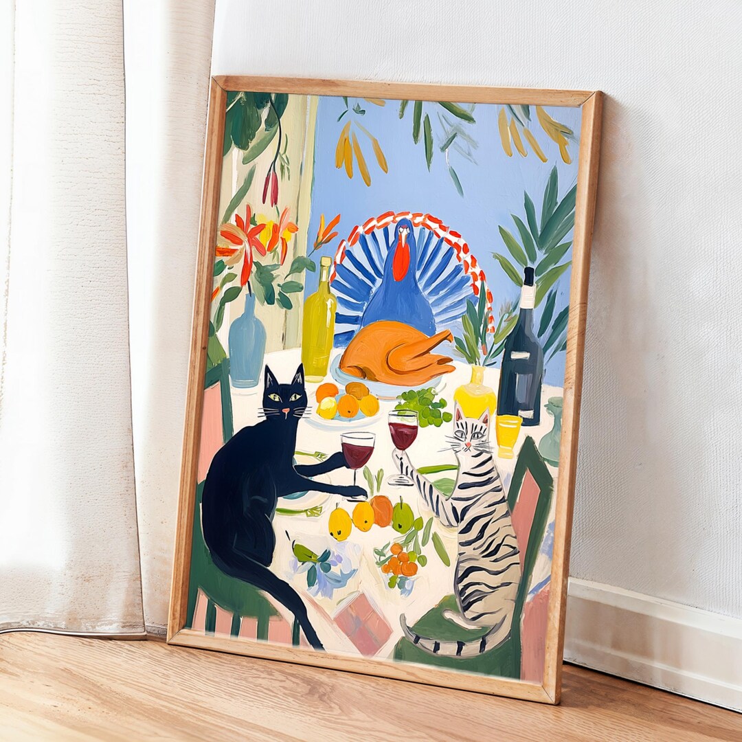 Thanksgiving Cat Dinner Wall Art – Cozy Fall Feast With Cats and Turkey ...